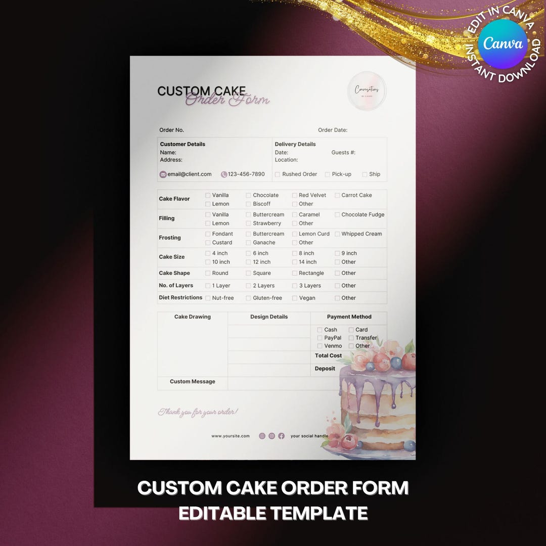 Custom Cake Order Form, Cake Shop Order Sheet, Bakery, Cake Decorator ...