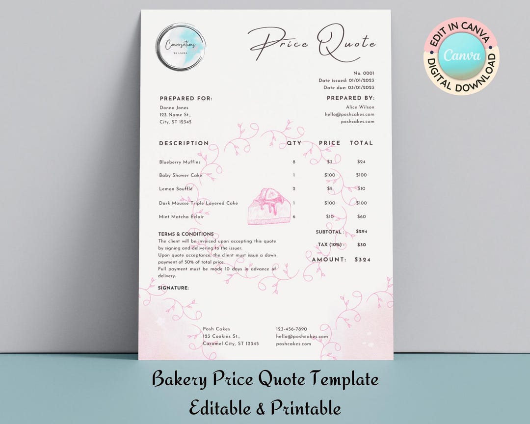 Bakery Price Quote Editable Canva Template Deluxe Bakery Collection ...
