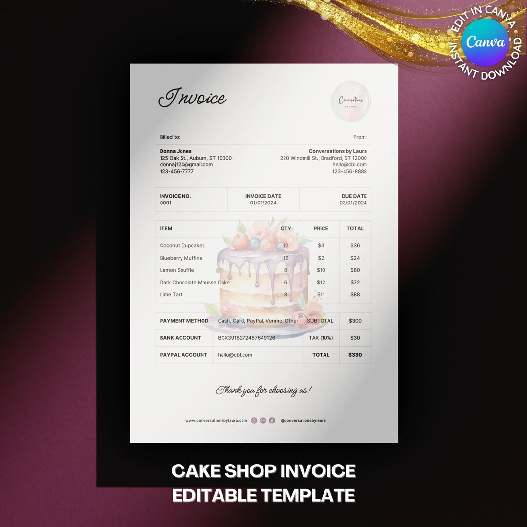Cake Shop Invoice, Bakery Invoice, Cake Decorator, Home Baking Business ...