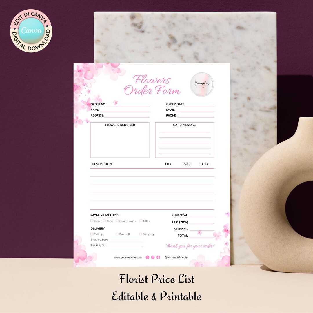 Flowers Order Form Editable Canva Template, Florist Business, Client ...