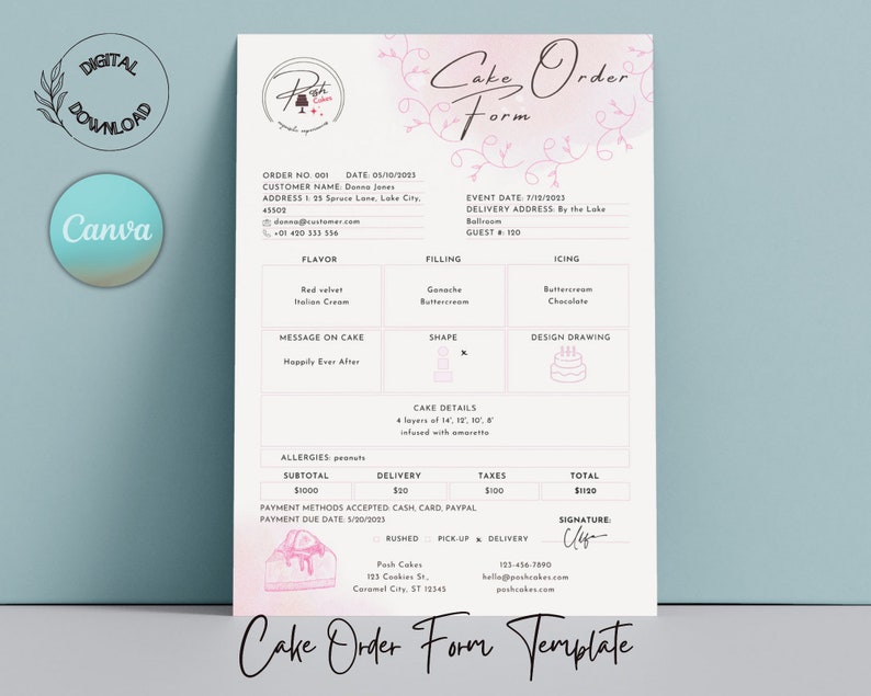 Cake Order Form Editable Canva Template Deluxe Bakery - Etsy