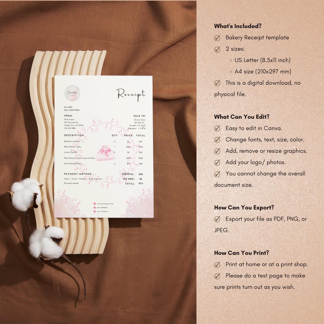 Bakery Receipt Editable Canva Template | Payment Receipt | Cake Shop ...