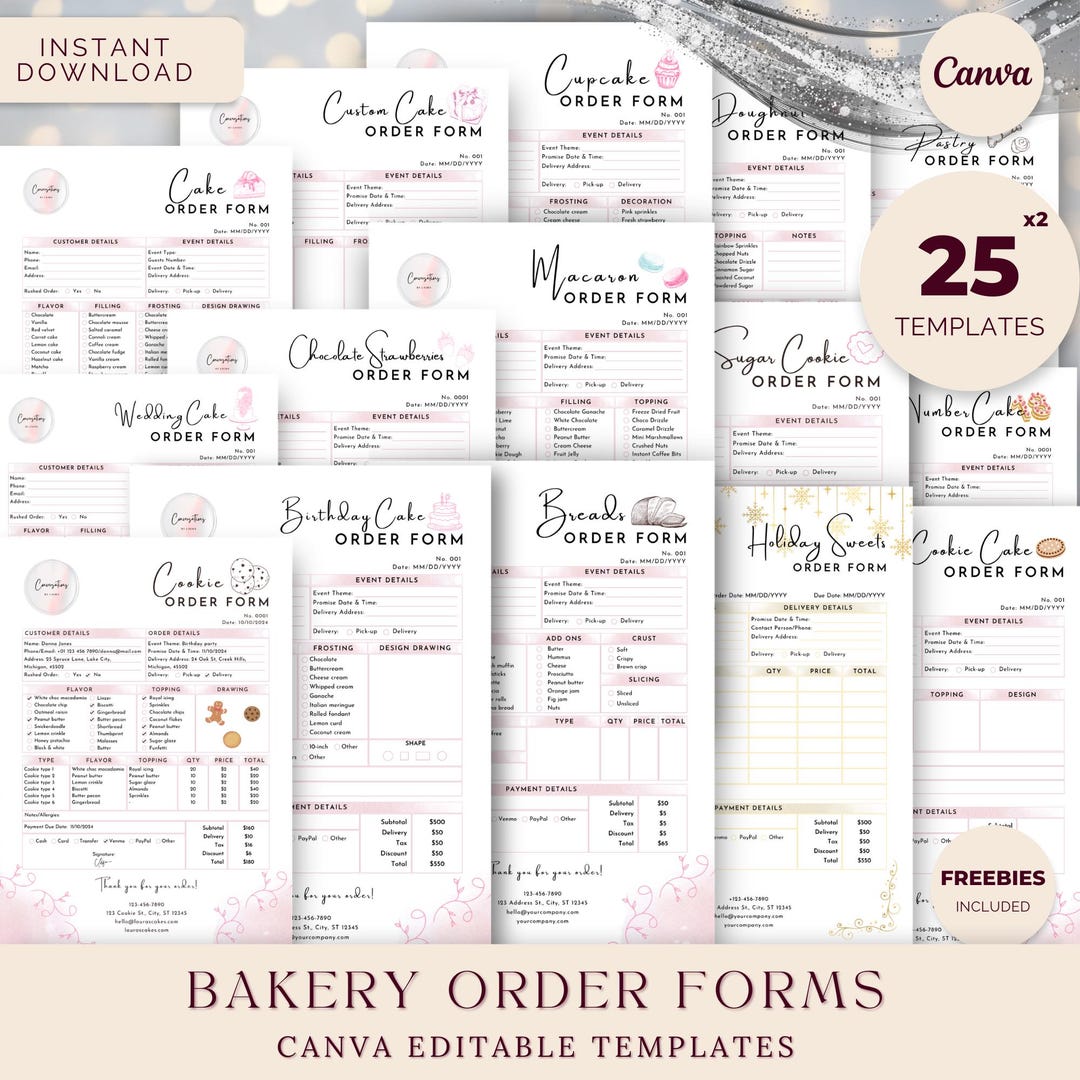 Bakery Order Forms, Baked Goods Custom Order Forms for Cake Business ...