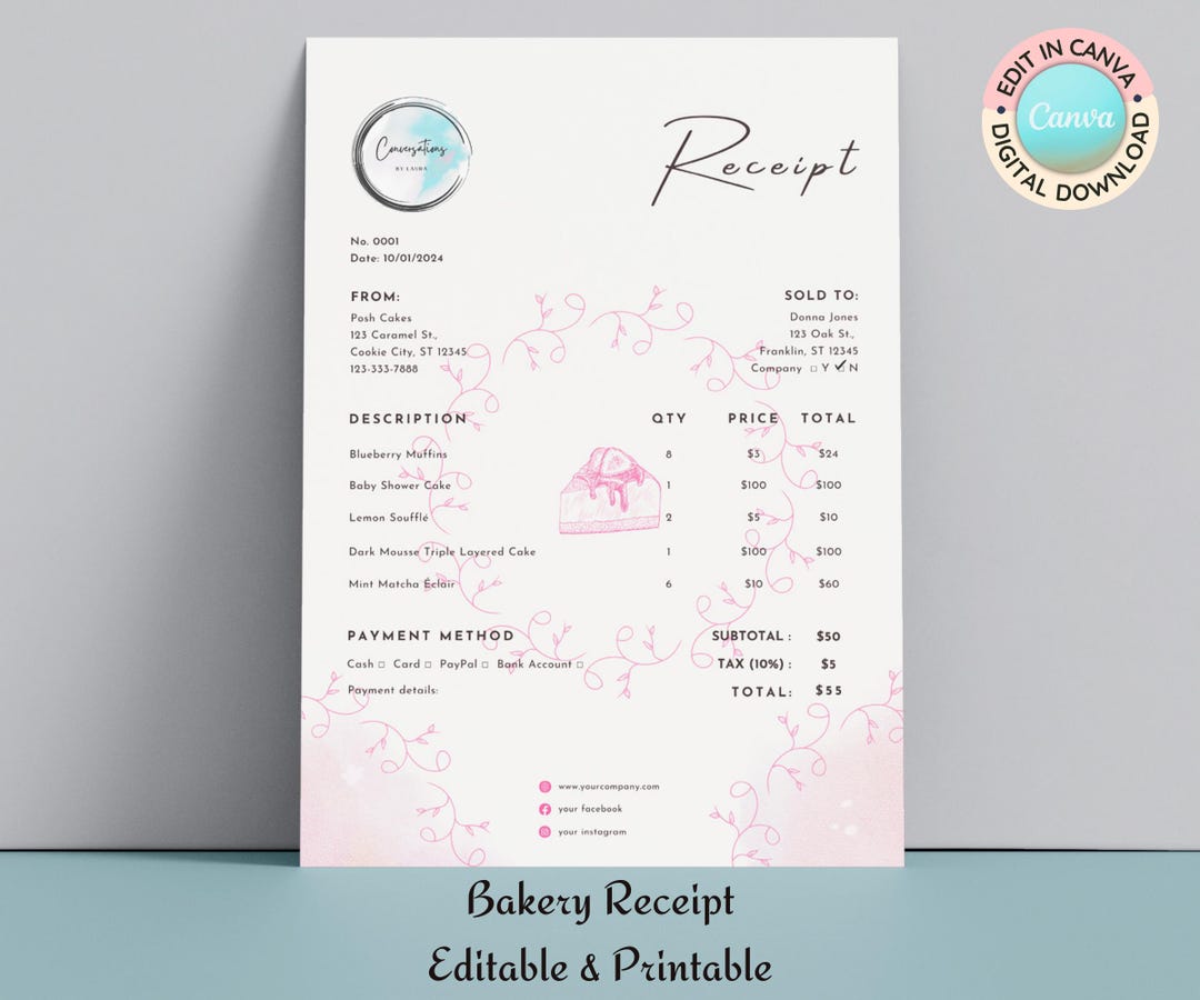 Bakery Receipt Editable Canva Template Payment Receipt Cake Shop, Home ...