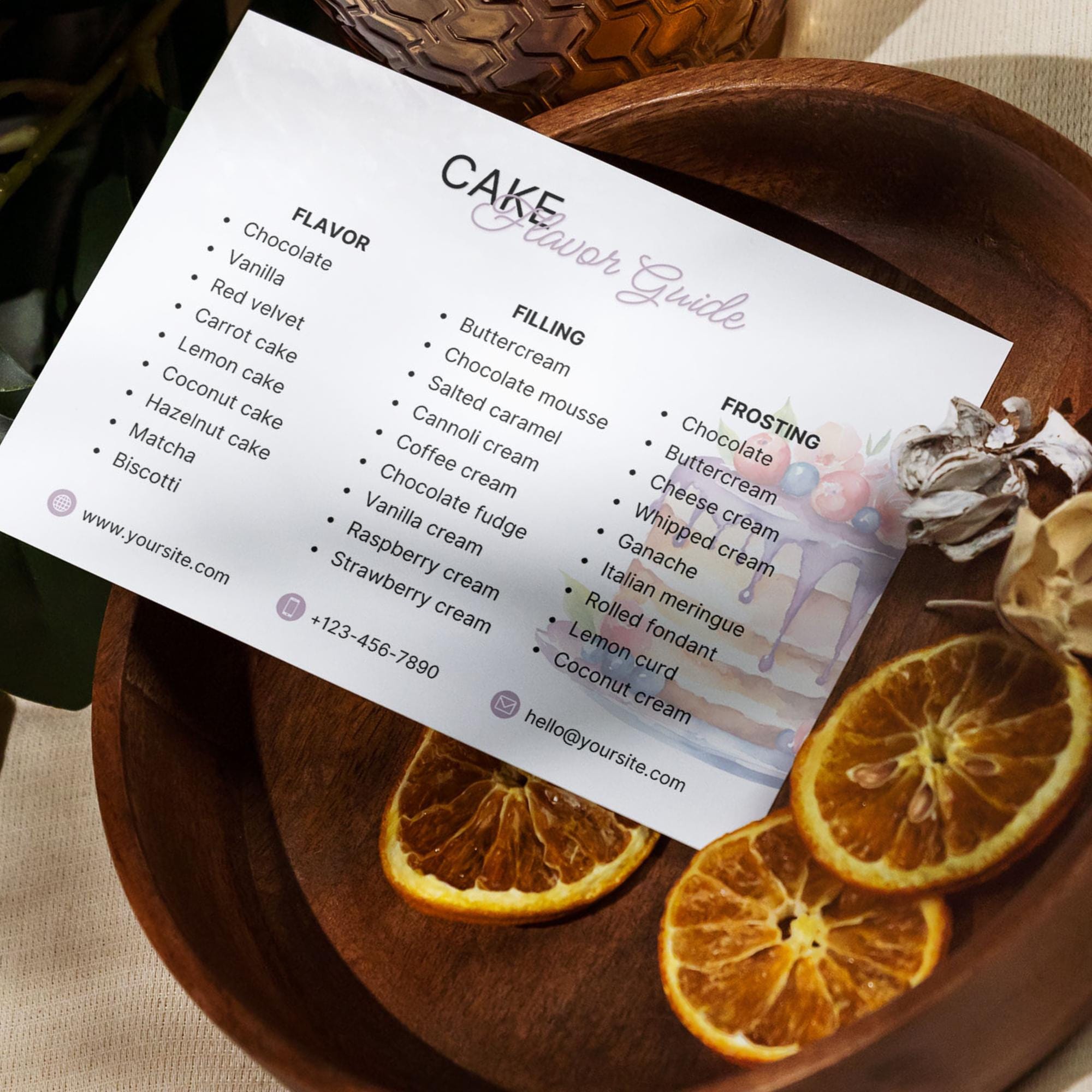 Cake Flavor Guide, Cake Consultation, Cake Tasting Card, Bakery, Cake ...