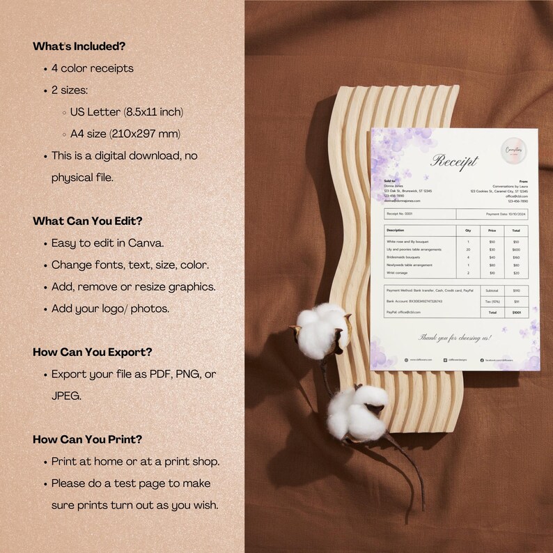 Flowers Receipt Editable Canva Template | Florist, Flower Shop, Flower ...