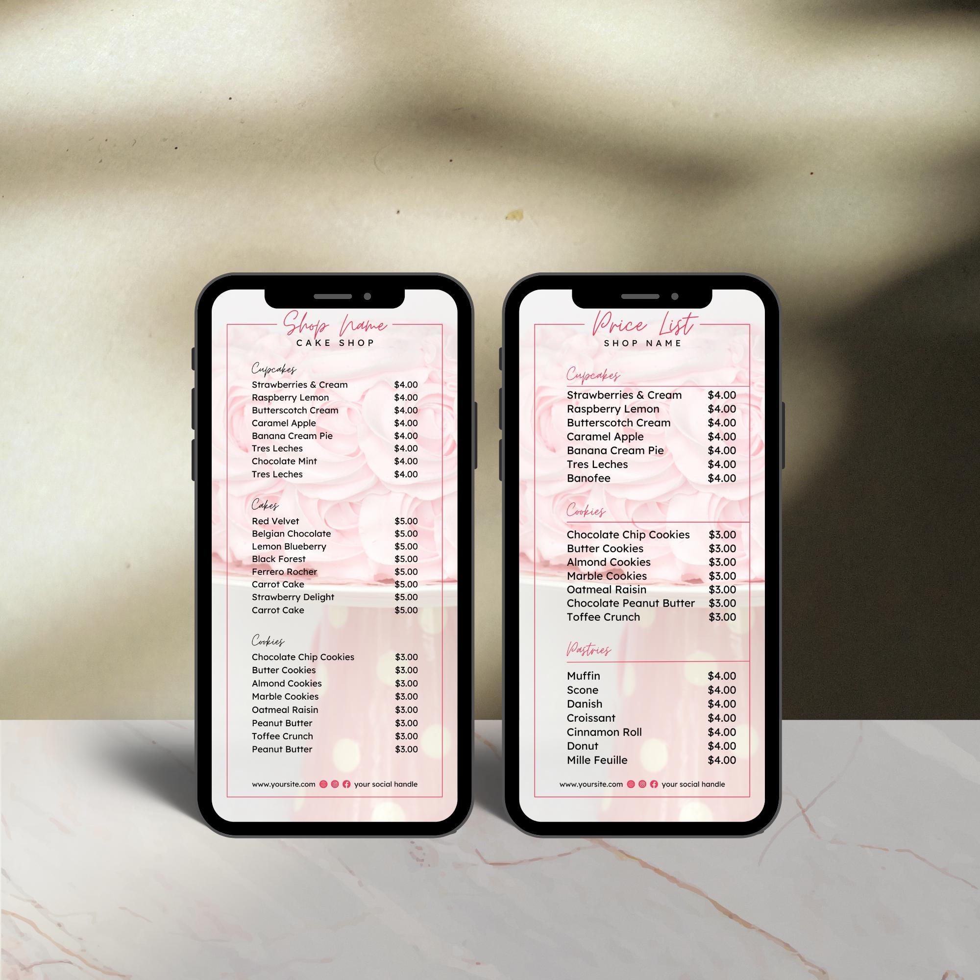 Cake Shop Price Lists, Bakery Menu, Instant Download Editable Canva ...