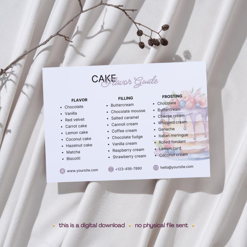 Cake Flavor Guide, Cake Consultation, Cake Tasting Card, Bakery, Cake ...