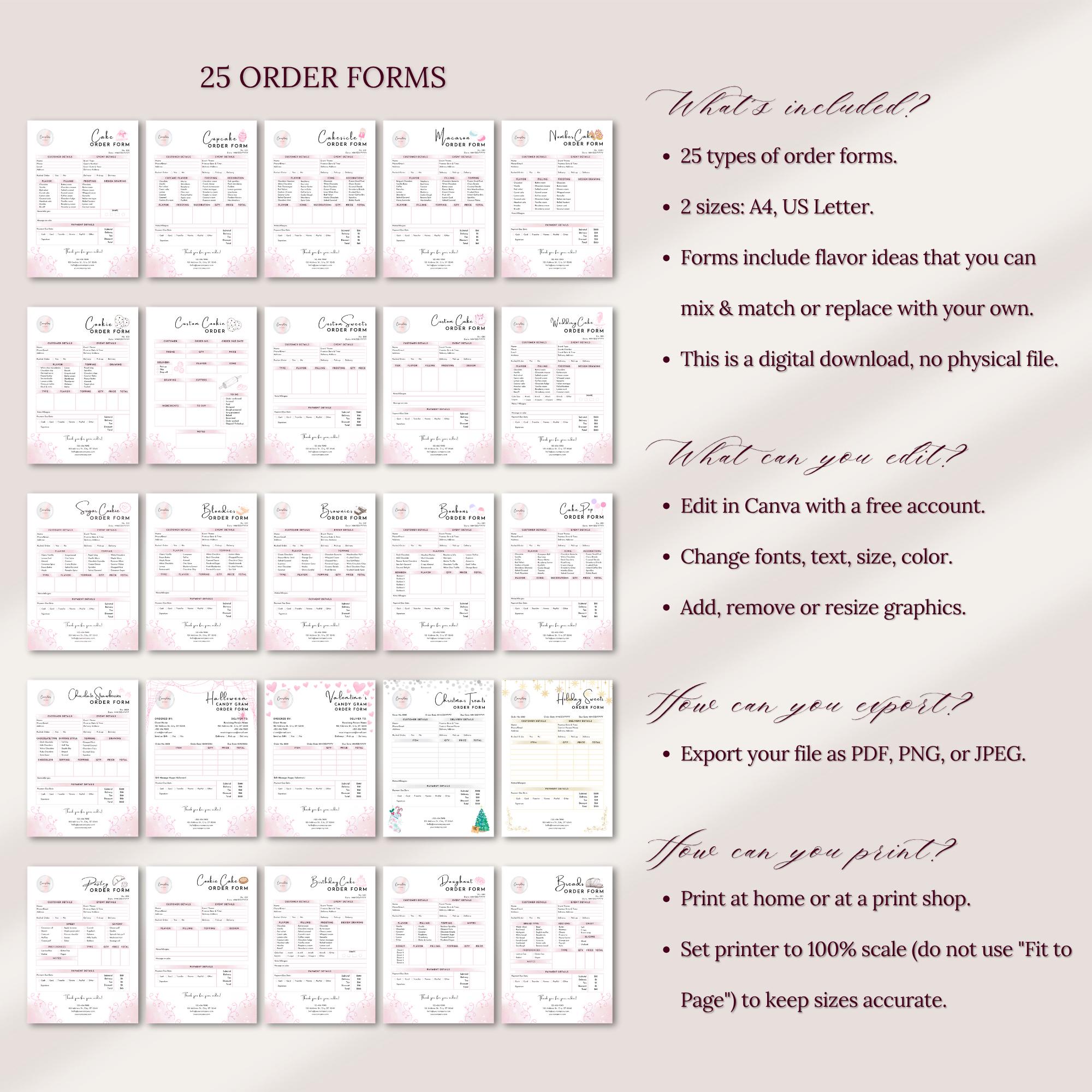 Bakery Order Forms, Baked Goods Custom Order Forms for Cake Business ...