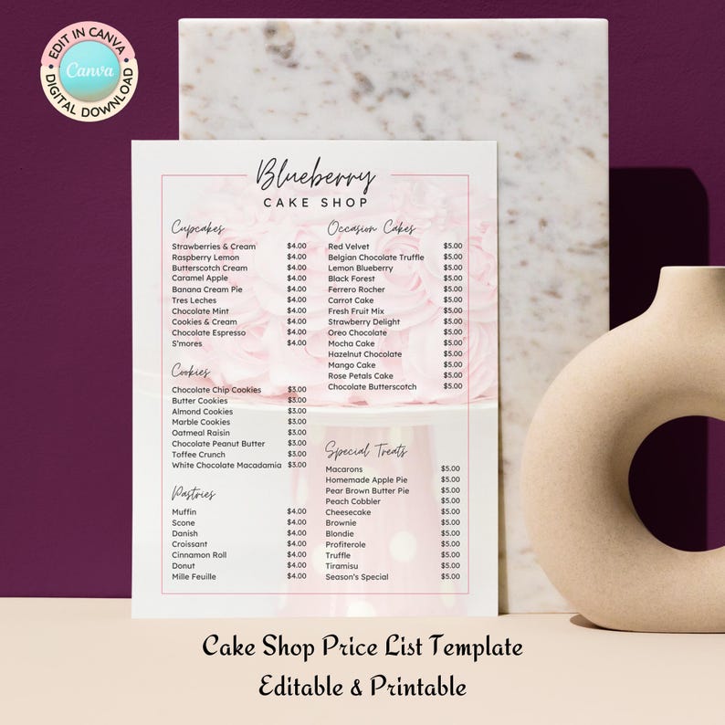 Cake Shop Price List Editable Canva Template | Menu, Pricing Sheet ...
