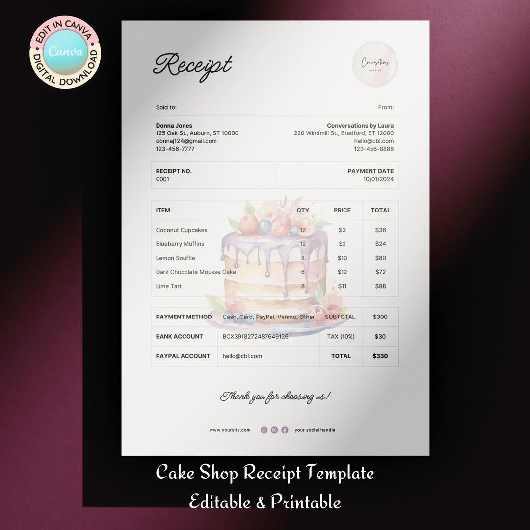 Cake Shop Receipt Editable Canva Template | Business Receipt | Cake ...