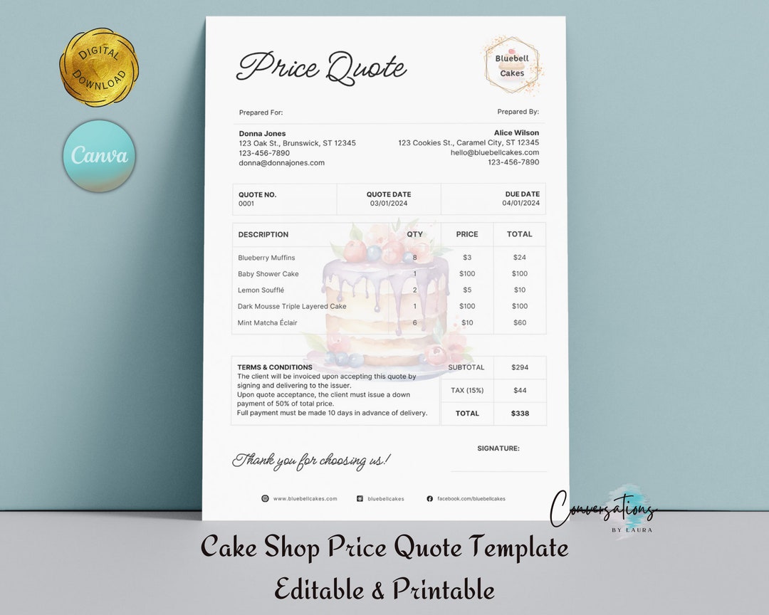Cake Shop Price Quote Editable Canva Template Watercolor Order Form ...