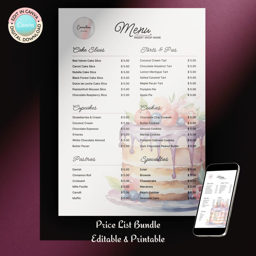 Cake Shop Price List Editable Canva Template | Cake Menu, Instagram ...