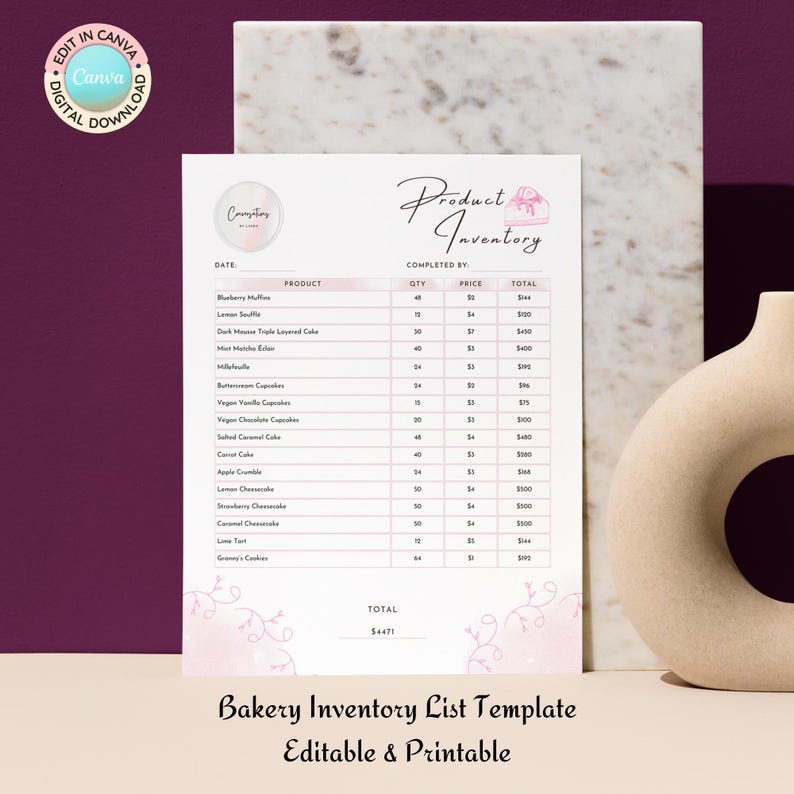 Inventory List Editable Canva Template | Cake Shop, Home Baking ...