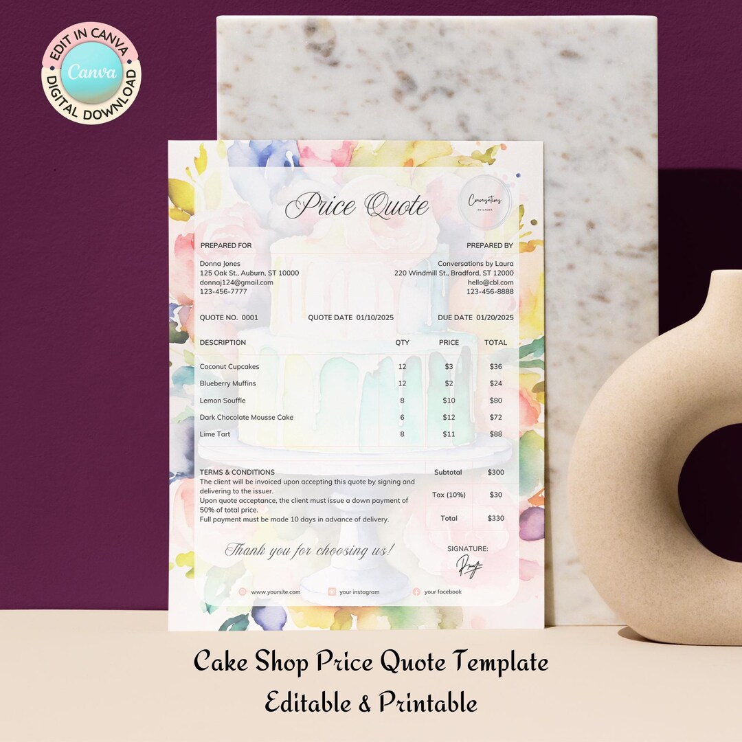 Cake Shop Price Quote Editable Canva Template | Bakery Quotation | Cake ...