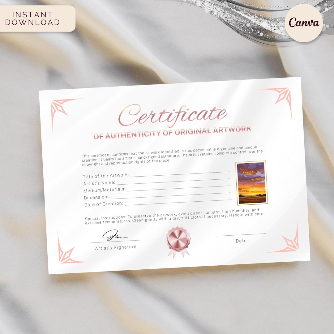 Artist COA Template, Art Provenance Certificate, Original Artwork ...