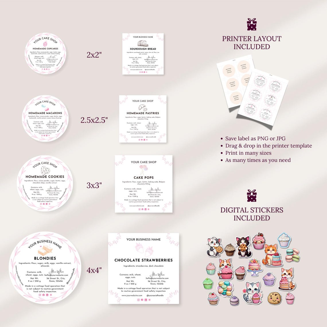 Cottage Law Bakery Labels Bundle, Cake Shop Ingredient Stickers ...