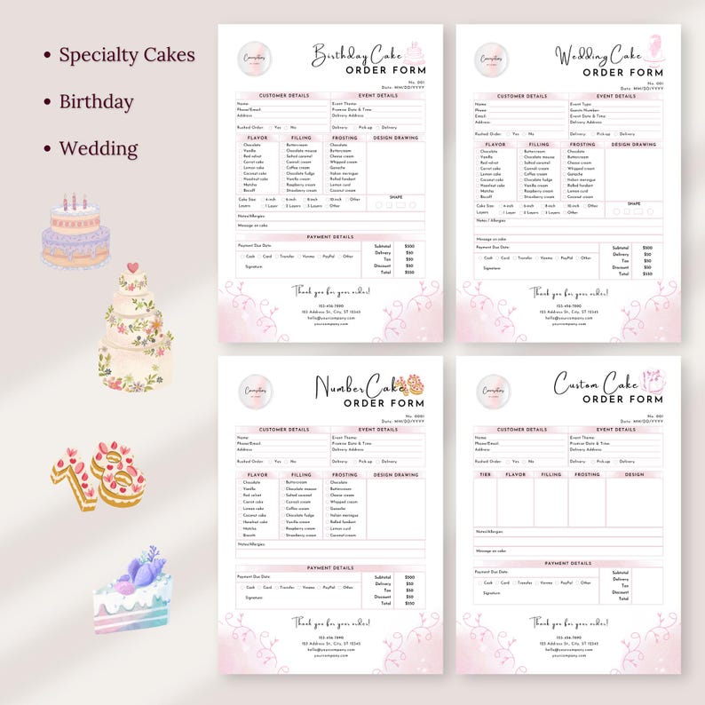 Bakery Order Forms, Baked Goods Custom Order Forms for Cake Business ...