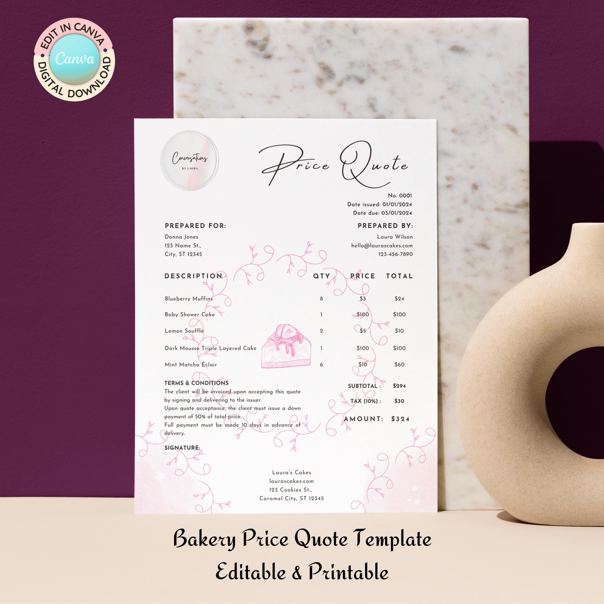 Bakery Price Quote Editable Canva Template | Cake Shop, Home Baking ...