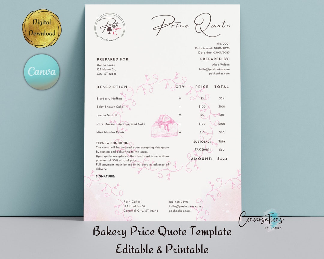 Bakery Price Quote Editable Canva Template Deluxe Bakery Collection ...