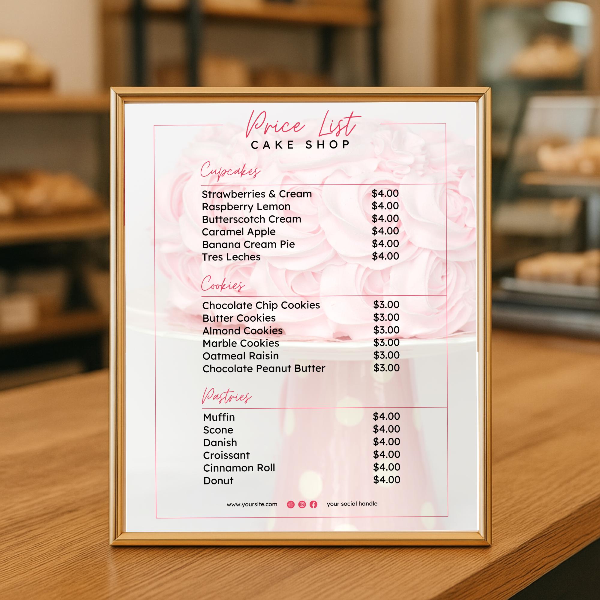 Cake Shop Price Lists, Bakery Menu, Instant Download Editable Canva ...