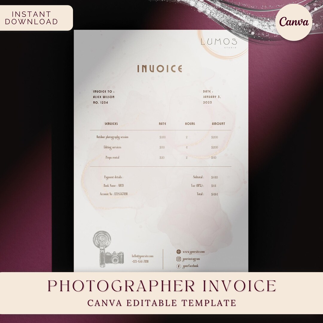 Photographer Invoice, Service Billing Template, Freelance Photography ...
