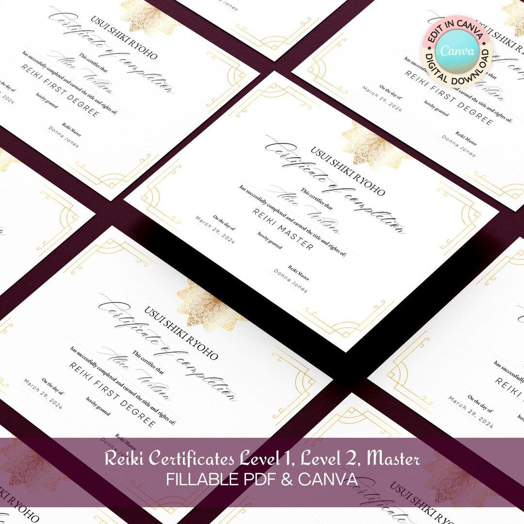 Reiki Certificates Editable Printable Reiki Master, Reiki Practitioner ...