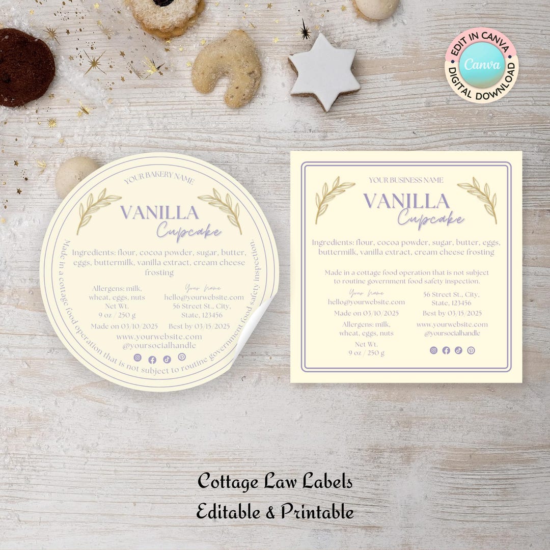 Cottage Law Bakery Label Canva Template | Editable Round Stickers ...