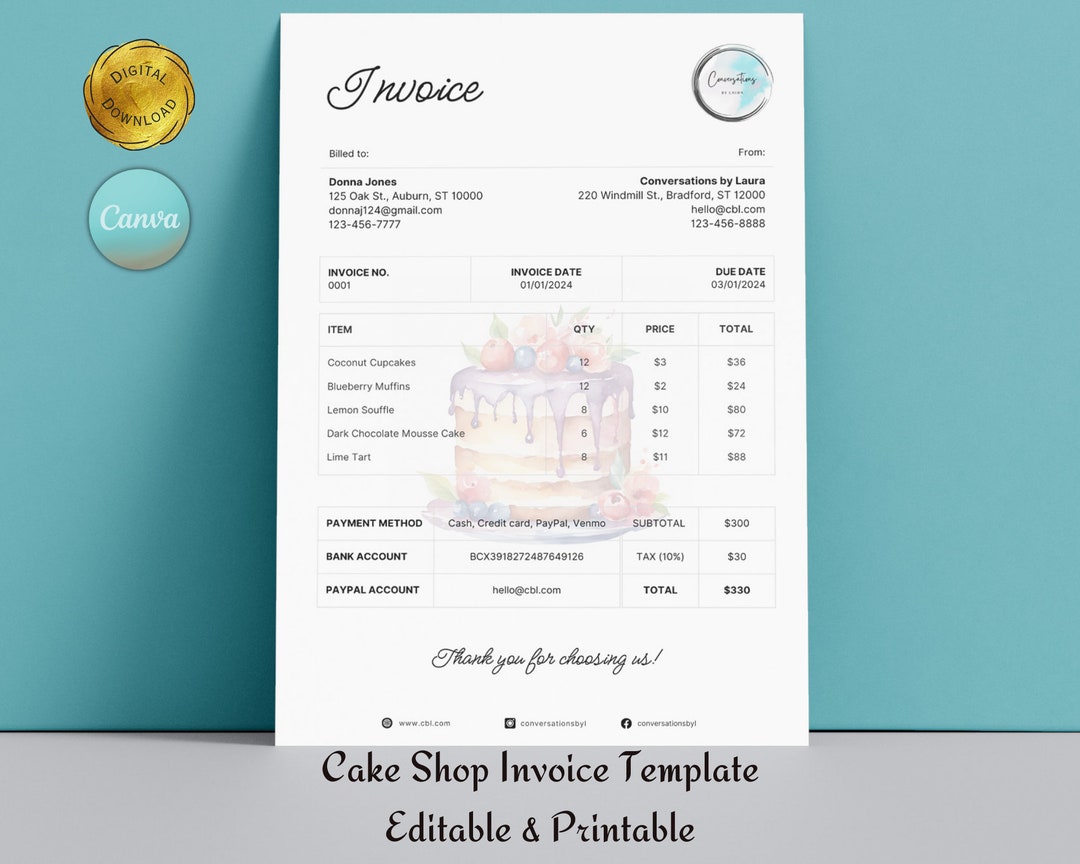 Cake Shop Invoice Editable Canva Template Watercolor Bakery, Cake ...