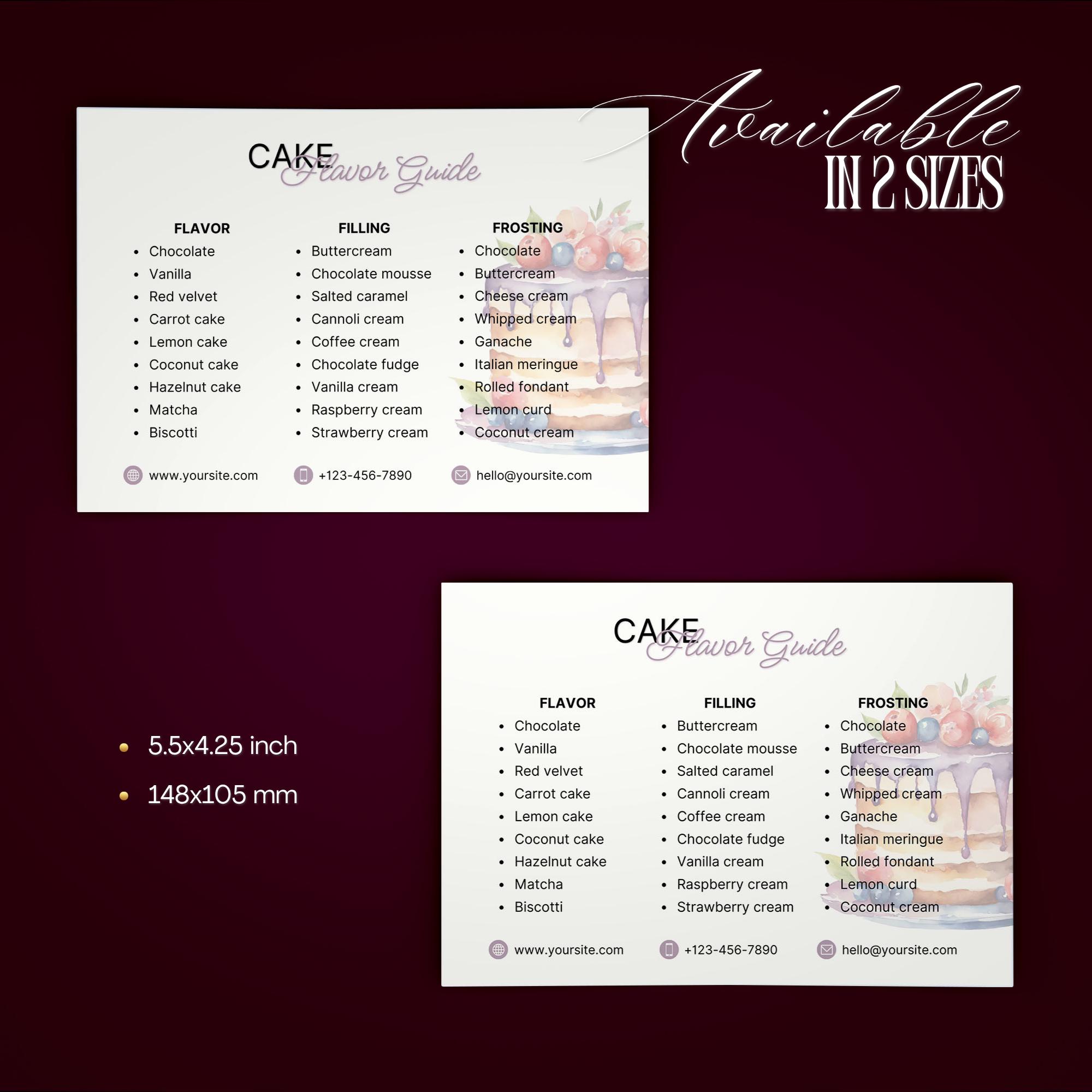 Cake Flavor Guide, Cake Consultation, Cake Tasting Card, Bakery, Cake ...