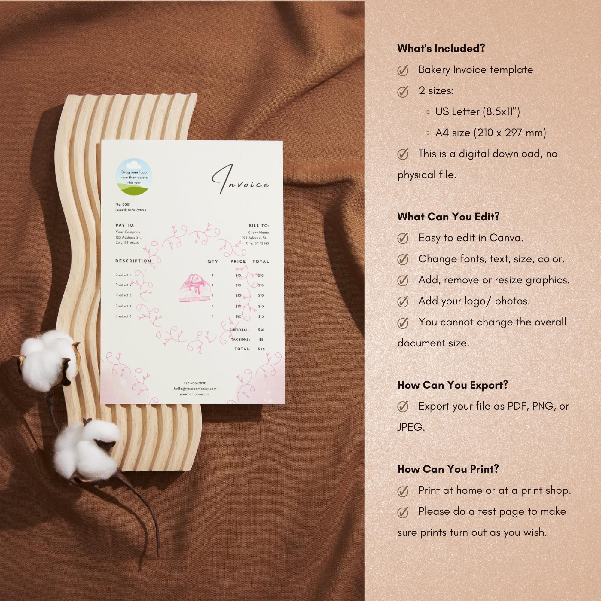 Bakery Invoice for Cake Shop, Home Baking Business, Confectionery ...