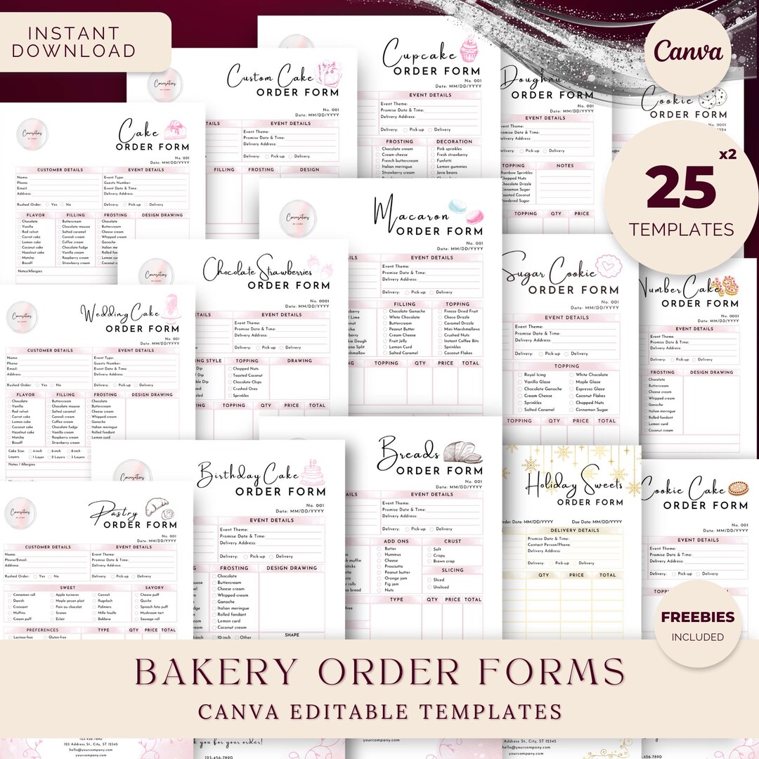 Bakery Order Forms, Baked Goods Custom Order Forms for Cake Business ...