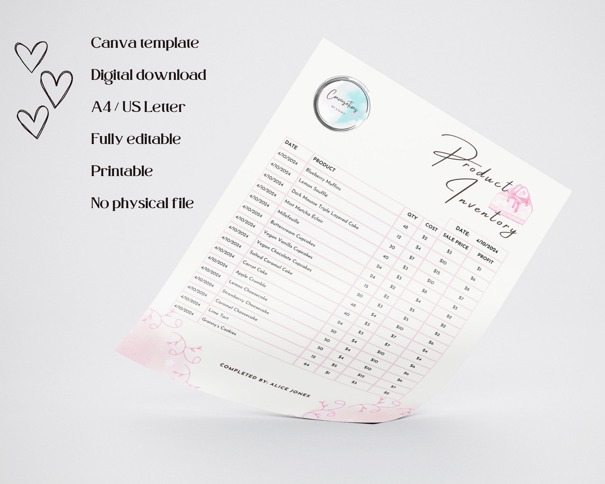 Inventory List Editable Canva Template Deluxe Bakery Collection Cake ...