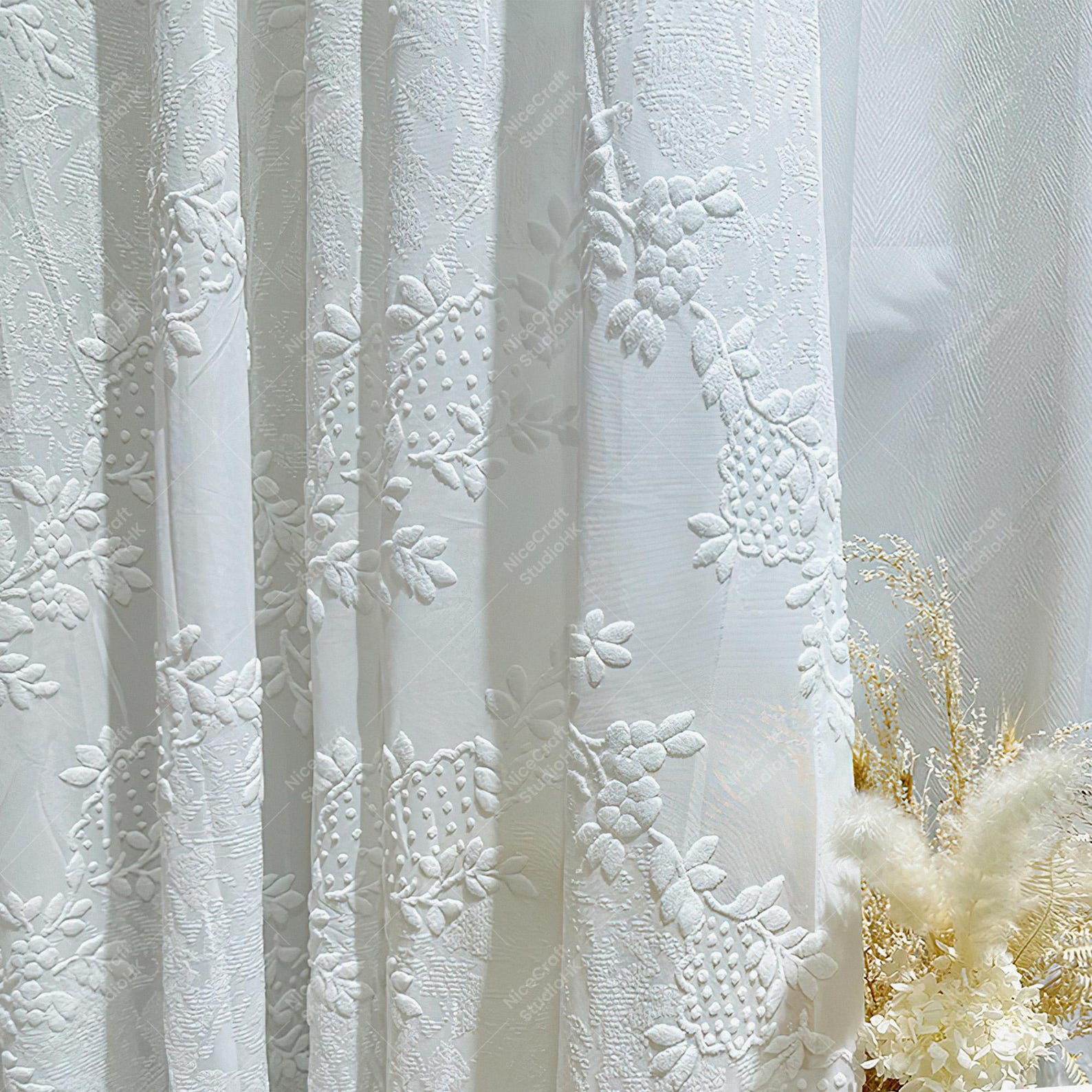 Embossed Floral Sheer Curtain: White Leaf Relief Embroidered Window ...