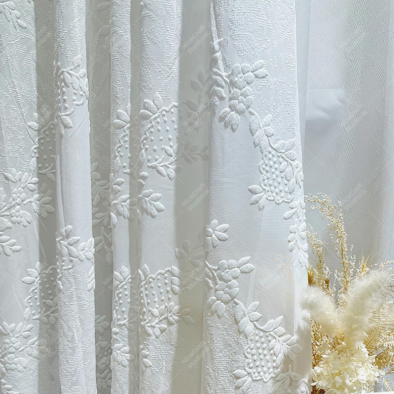 Embossed Floral Sheer Curtain: White Leaf Relief Embroidered Window ...