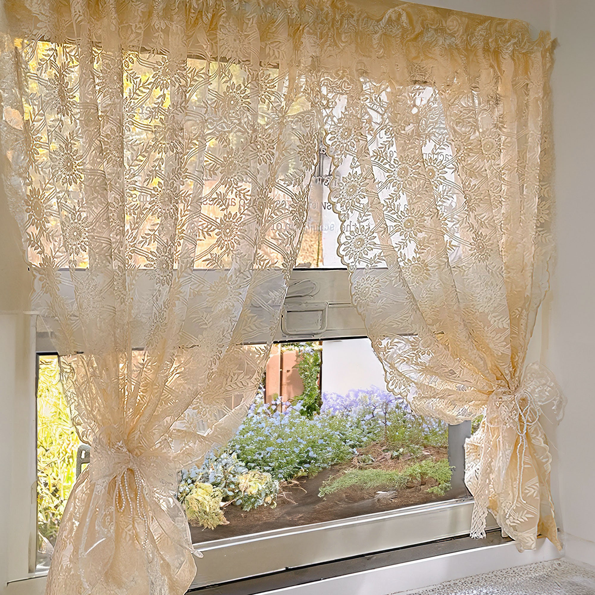 Beige Flowers Lace Curtain, Elegant Embroidery Light-diffusing Short ...