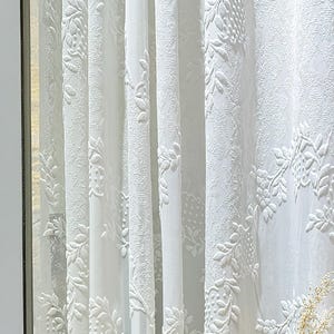Embossed Floral Sheer Curtain: White Leaf Relief Embroidered Window ...