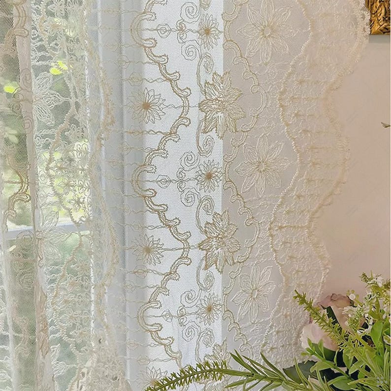 Beige Lace Curtain,vintage Floral Sheer Drape for Bedroom ,window Decor ...