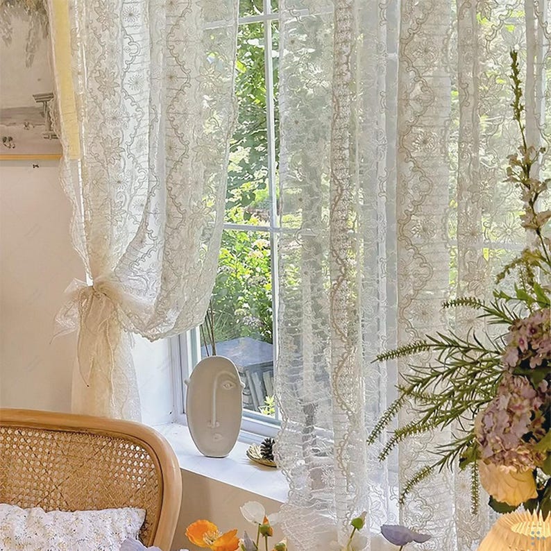 Beige Lace Curtain,vintage Floral Sheer Drape for Bedroom ,window Decor ...