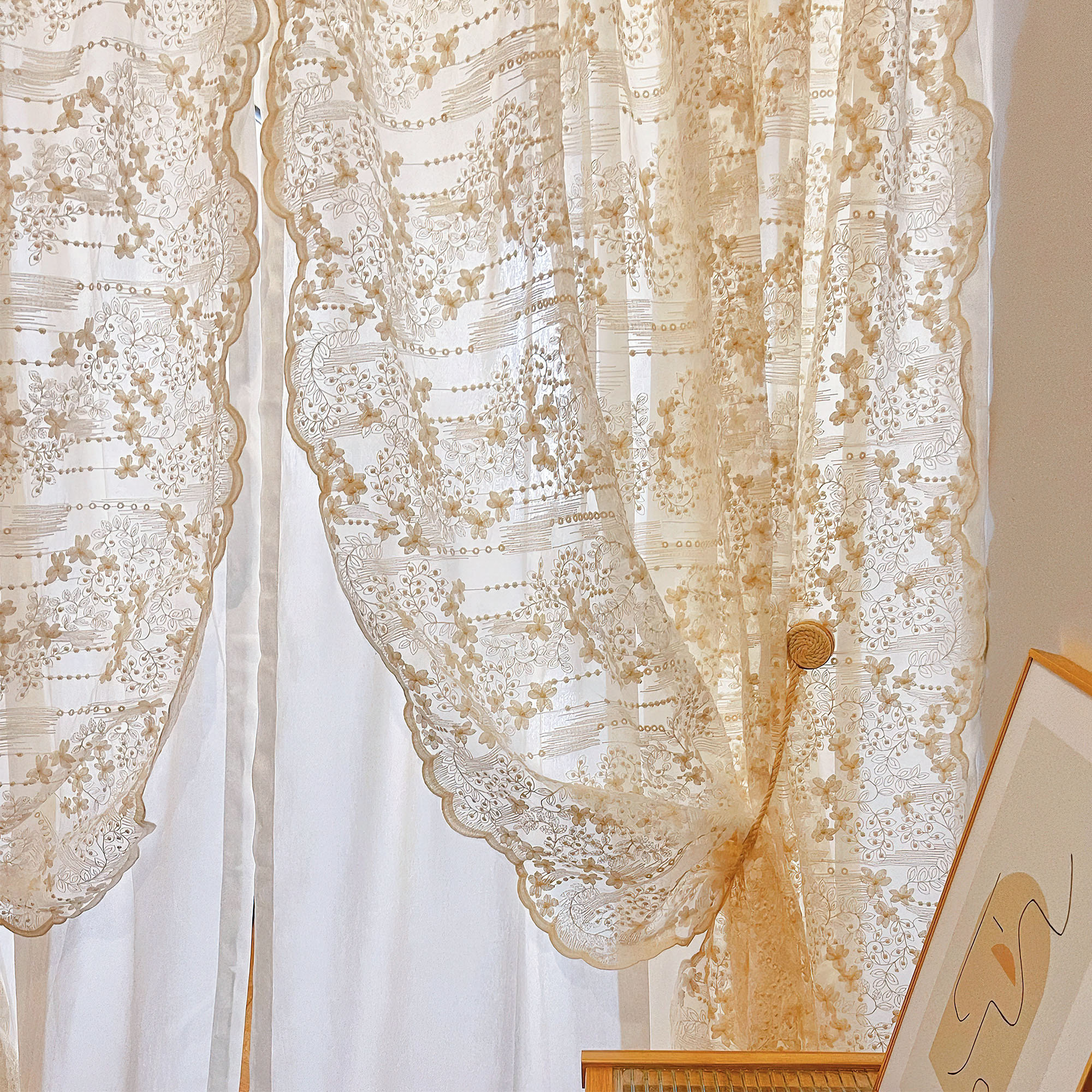 51 Width Beige Floral Embroidery Lace Curtain,french Style Sheer ...
