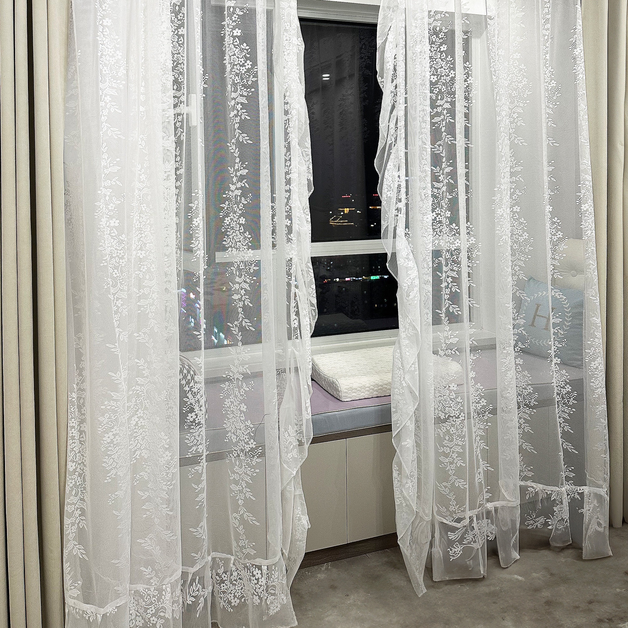 Elegant White Lace Embroidered Curtain With Three-sided Ruffle Design ...