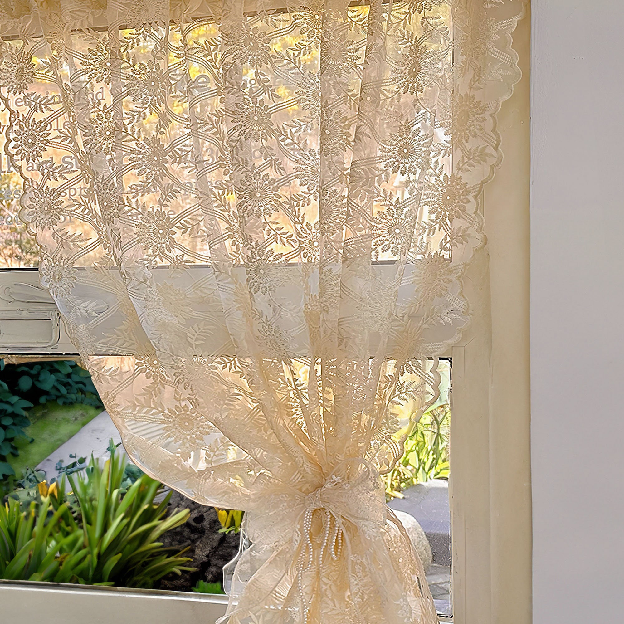 Beige Flowers Lace Curtain, Elegant Embroidery Light-diffusing Short ...