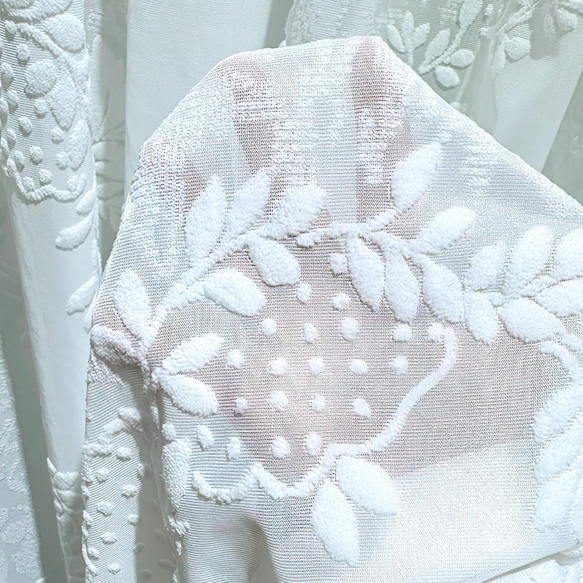 Embossed Floral Sheer Curtain: White Leaf Relief Embroidered Window ...