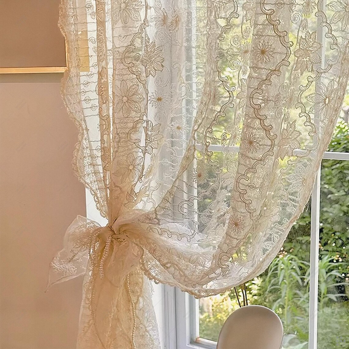 Beige Lace Curtain,vintage Floral Sheer Drape for Bedroom ,window Decor ...