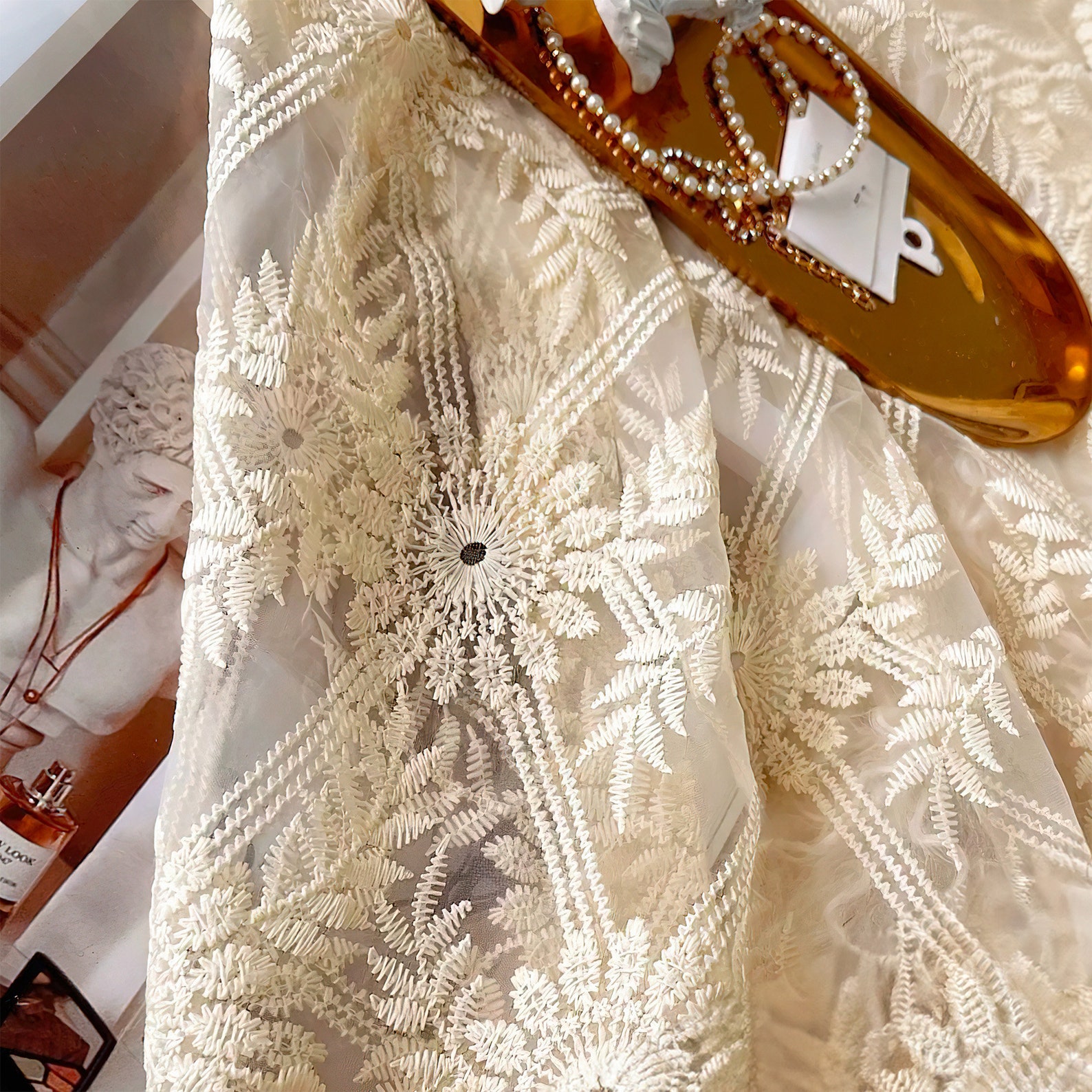 Beige Flowers Lace Curtain, Elegant Embroidery Light-diffusing Short ...