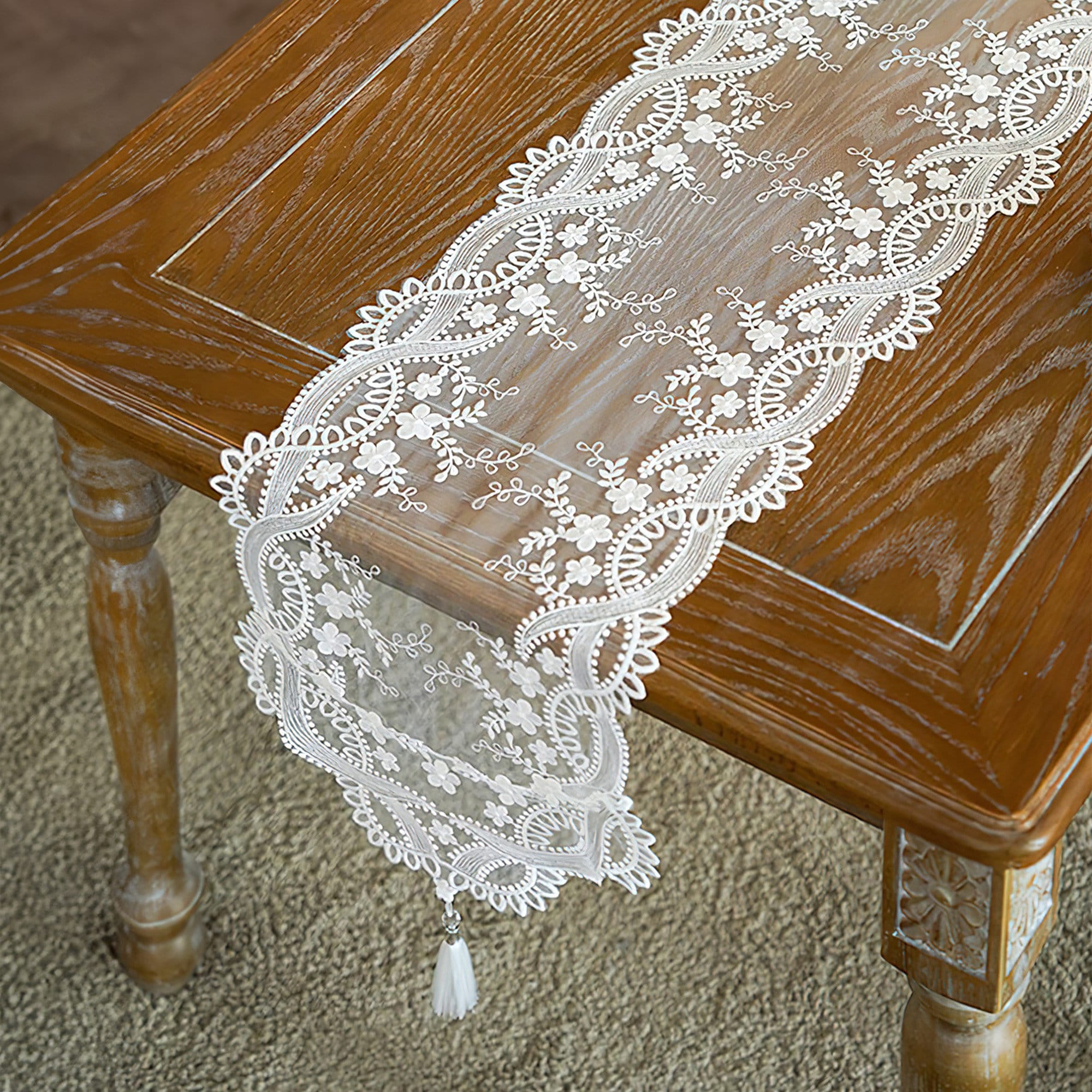 White Lace Table Runner, Vintage Style Embroidered Flower Table Flag ...