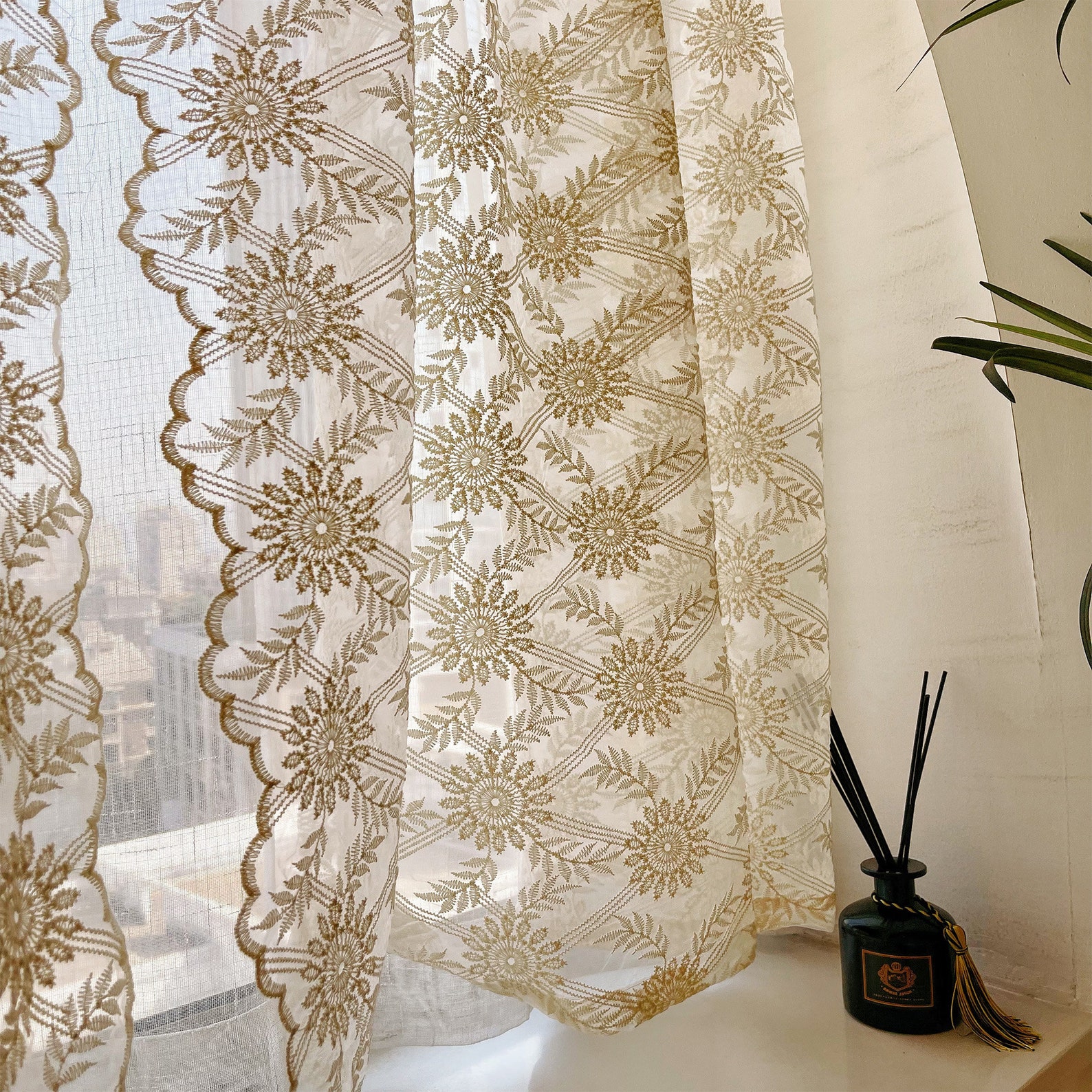 Beige Flowers Lace Curtain, Elegant Embroidery Light-diffusing Short ...