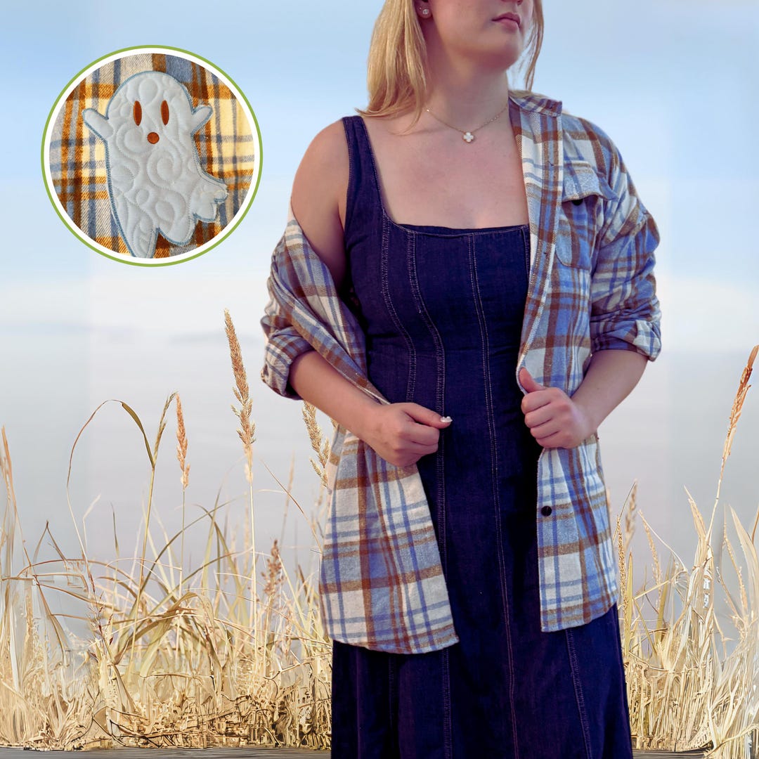 Embroidered Quilt Ghost Shacket Plaid Flannel Shirt Mom Oversized Game ...