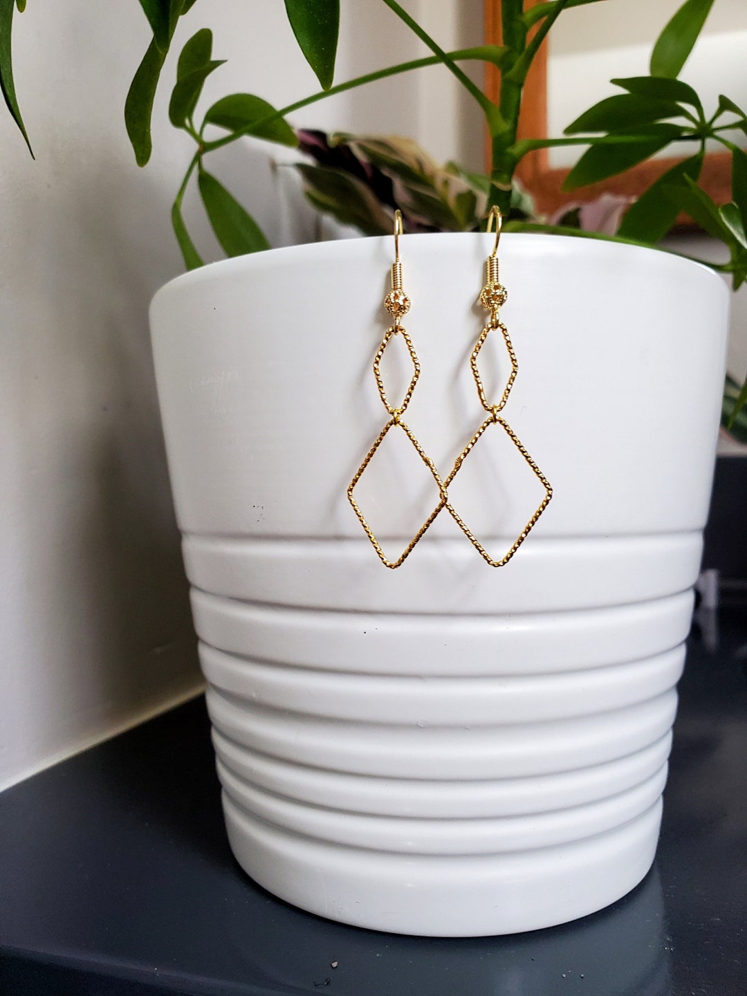Textured Gold Diamond Rhombus Shape Dangle Charm Earrings, Gold Dangle ...