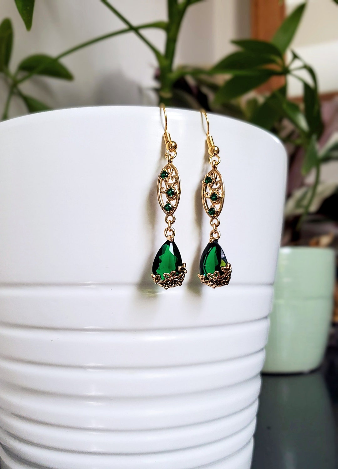 Gold and Green Teardrop Dangle Earrings, Handmade Water Drop Cubic ...